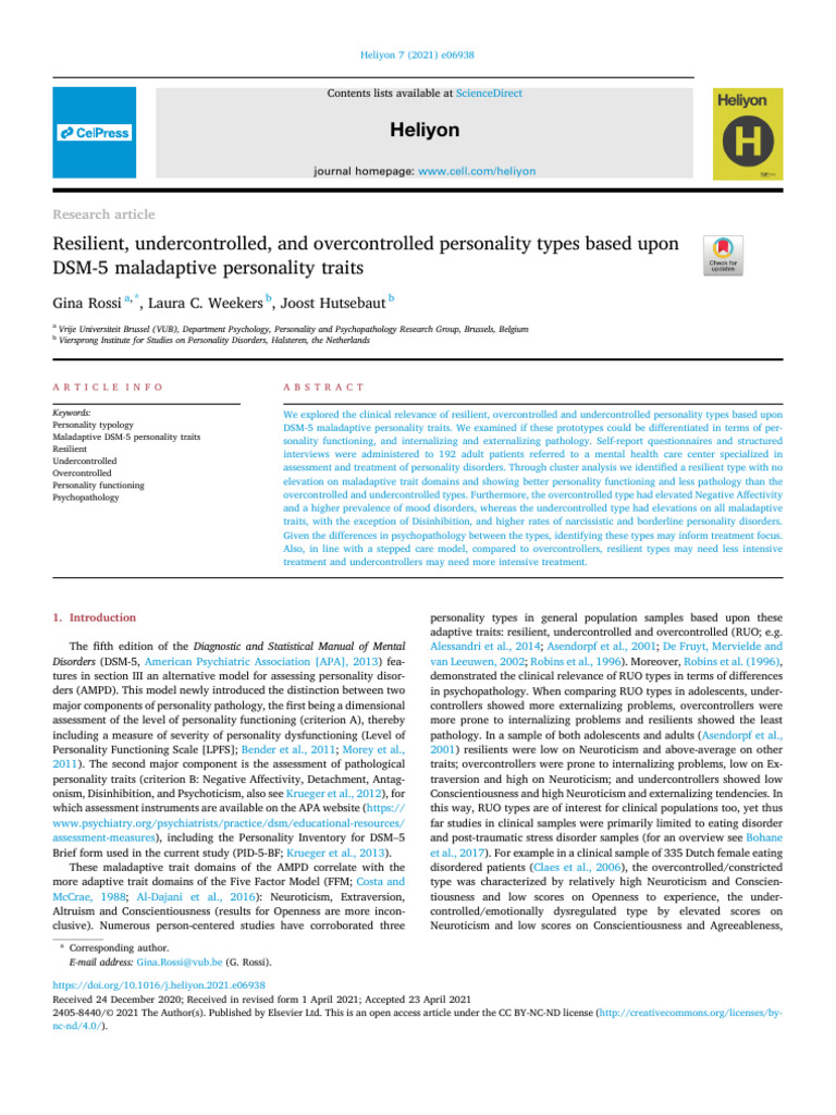 Resilient, Undercontrolled, and Overcontrolled Personality Types Based ...