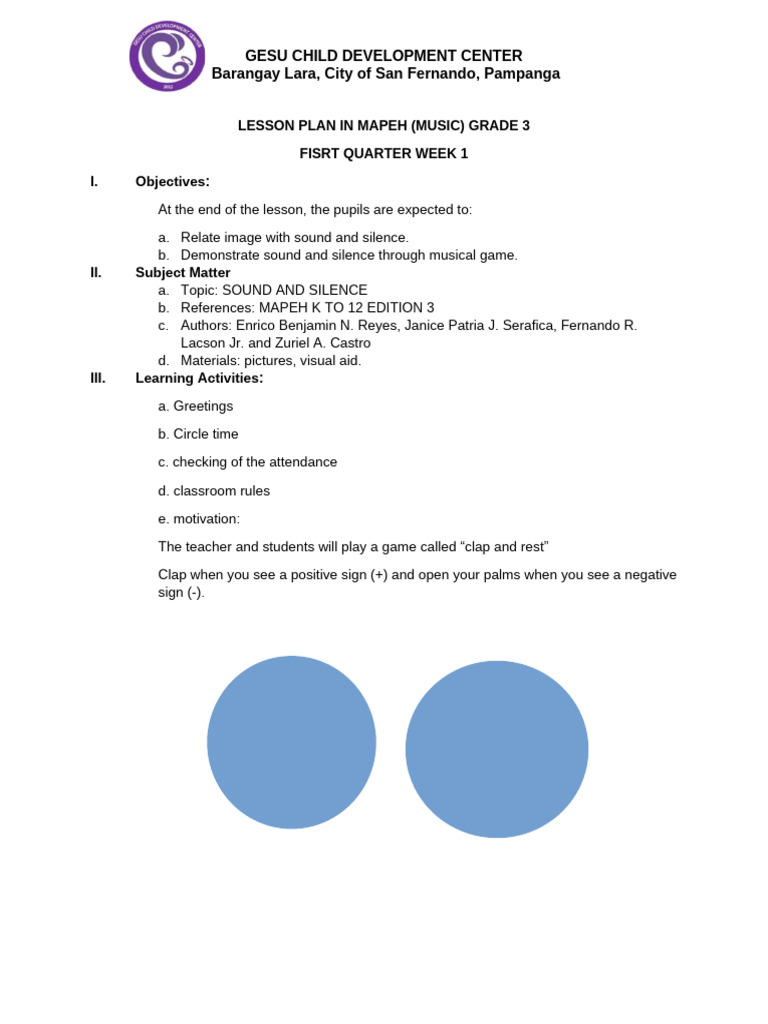 GRADE 3 MAPEH -HEALTH LESSON PLAN SOUND AND SILENCE-TEACHER CHE-WEEK 1 ...