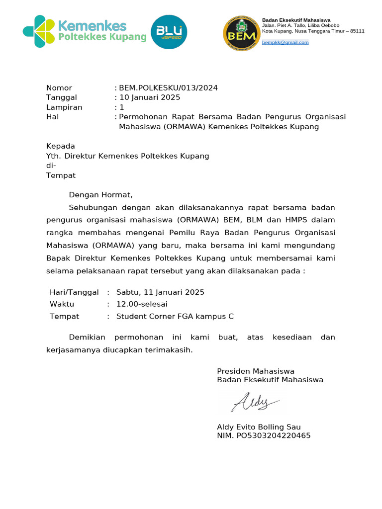 Undangan Rapat ORMAWA Kemenkes Poltekkes | PDF