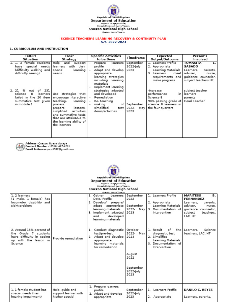 Science Learning Recovery Plan 2022-2023 | PDF | Learning | Teachers