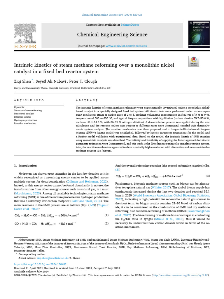 Intrinsic Kinetics of Steam Methane Reforming | PDF | Methane | Gases