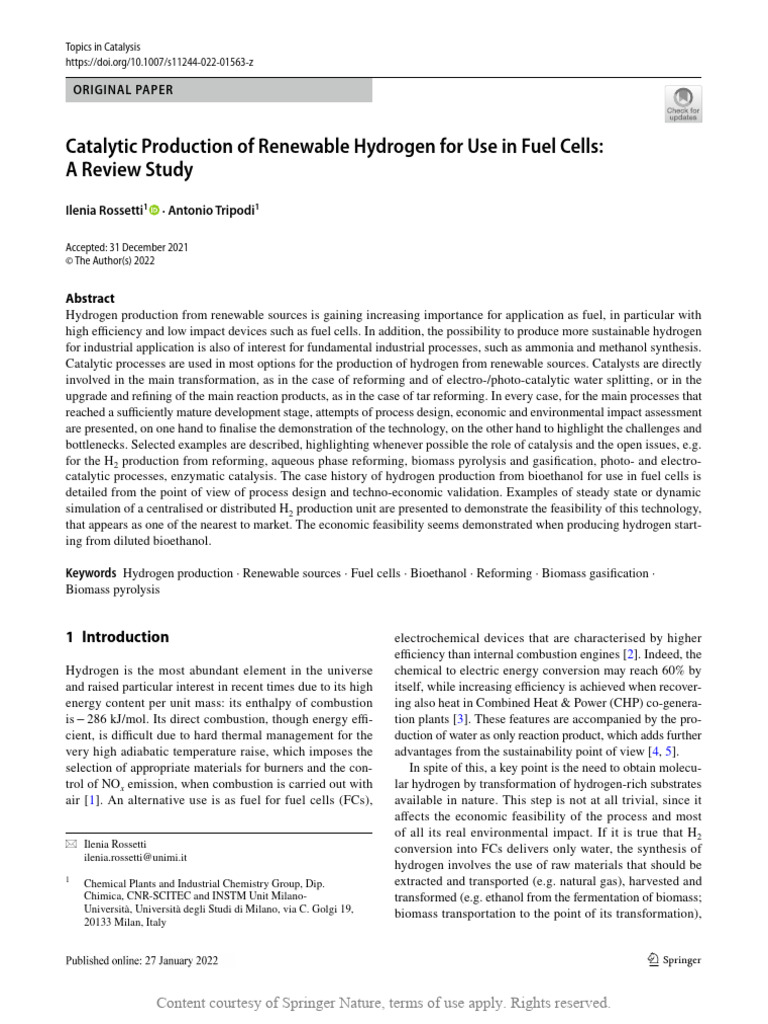 Renewable Hydrogen Production Review | PDF | Catalysis | Gasification