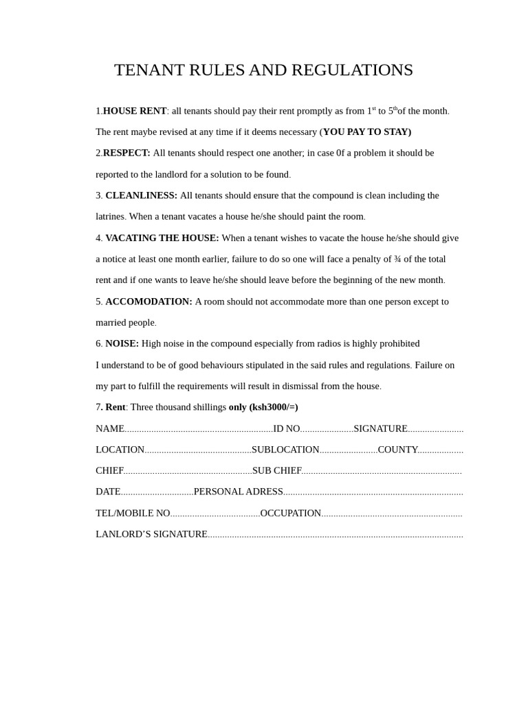 TENANT RULES AND REGULATIONS FILLING FORM | PDF