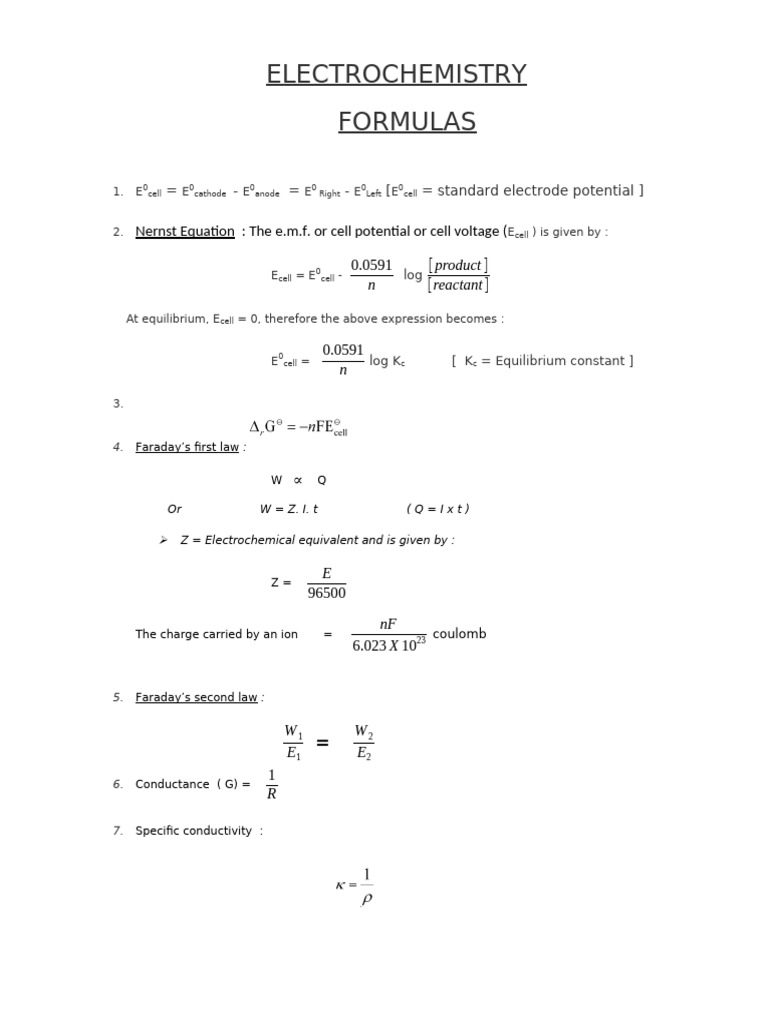 Important Formulae - Electrochemistry | PDF | Electrochemistry ...
