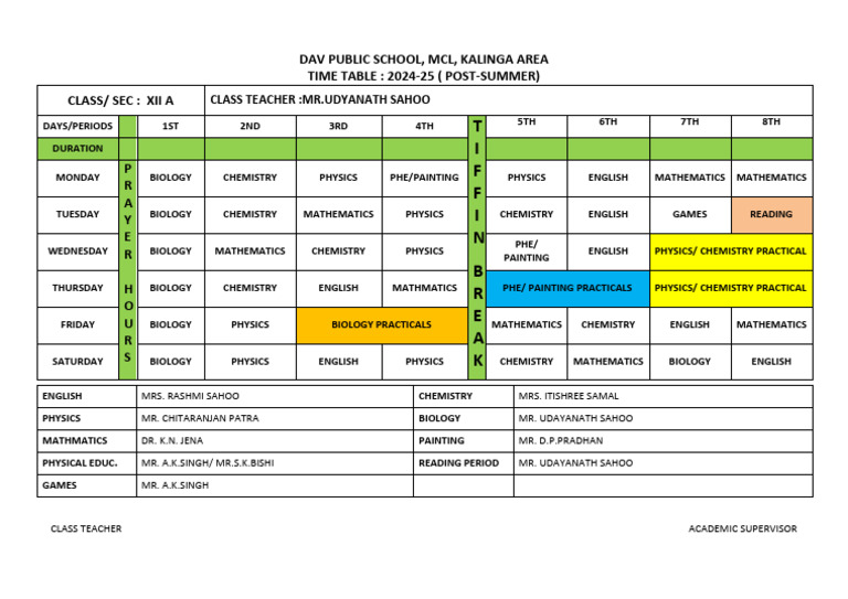 CLASS TIME TABLE XII-A | PDF