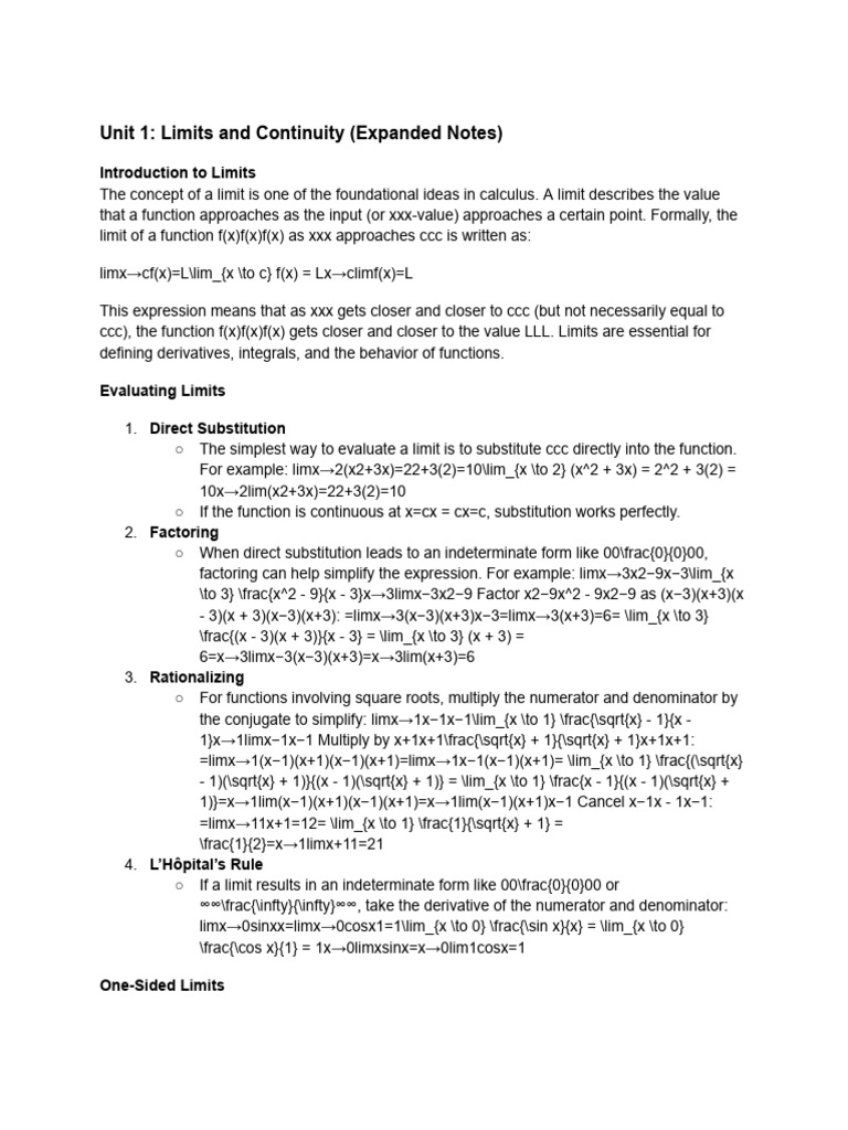Unit 1 - Limits and Continuity (Expanded Notes) | PDF | Limit ...