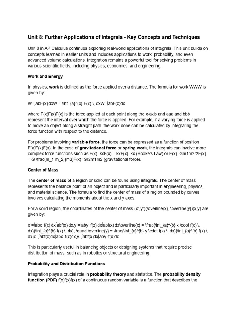 Unit 8 - Further Applications of Integrals - Key Concepts and ...