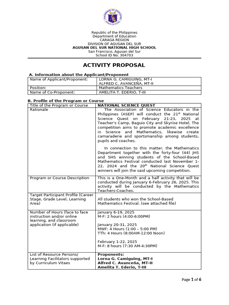 Activity Proposal - NSQ | PDF