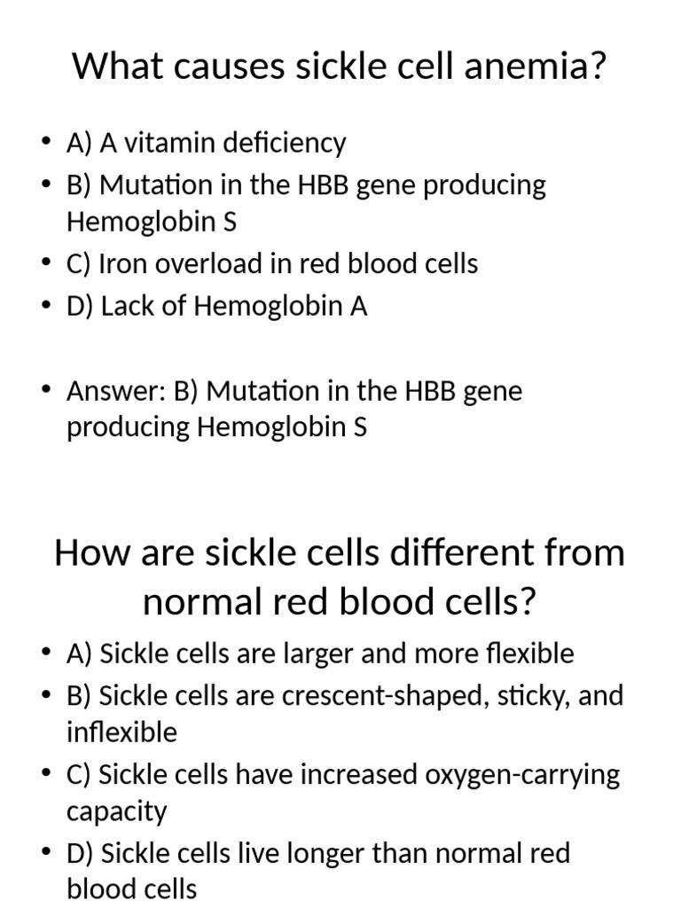 Sickle Cell Anemia Quiz | PDF | Anemia | Medical Specialties
