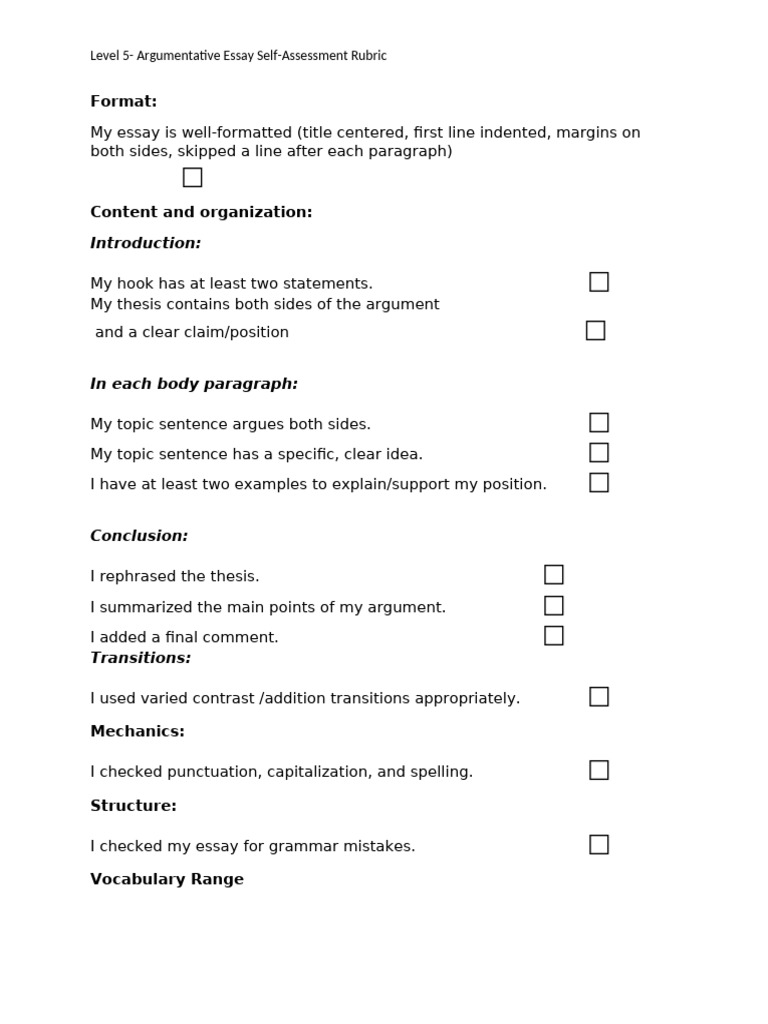 Argumentative Essay Rubric | PDF