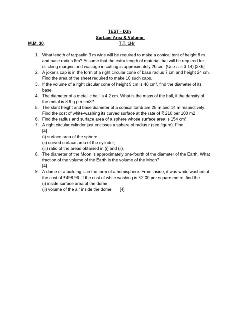 TEST - IXth Surface Area | PDF