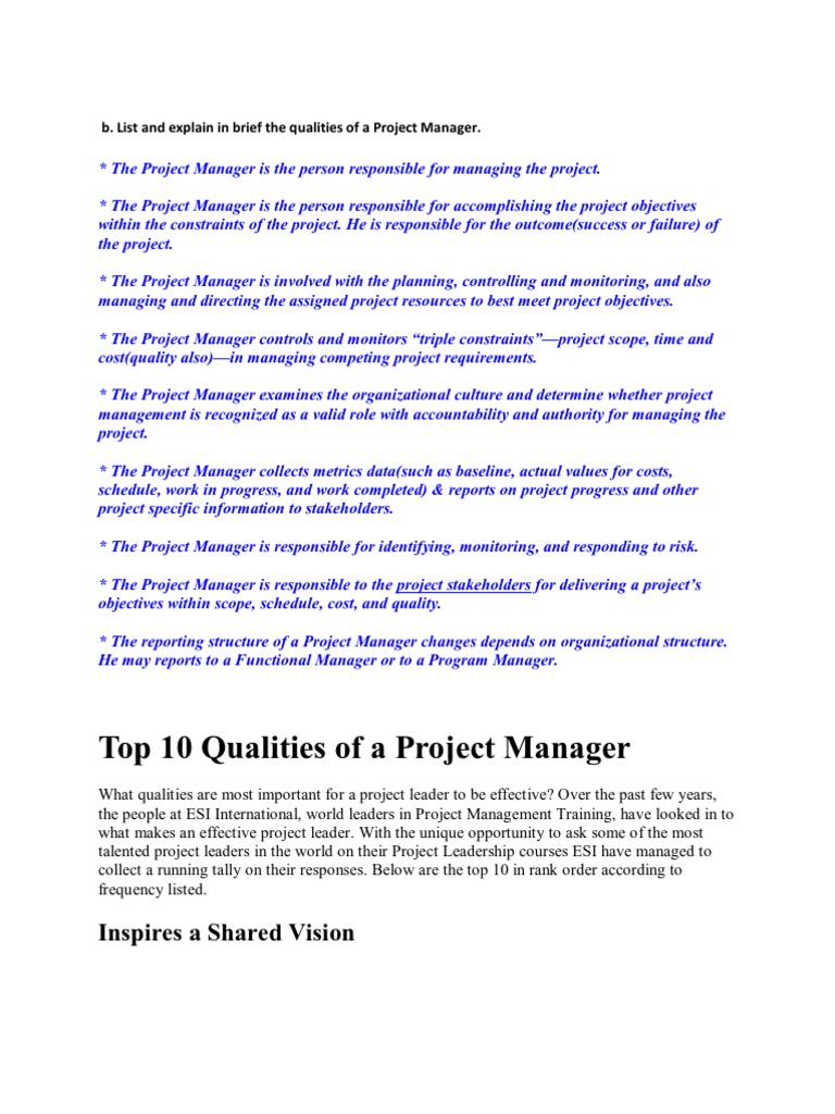 Cb. List and Explain in Brief The Qualities of A Project Manager | PDF ...