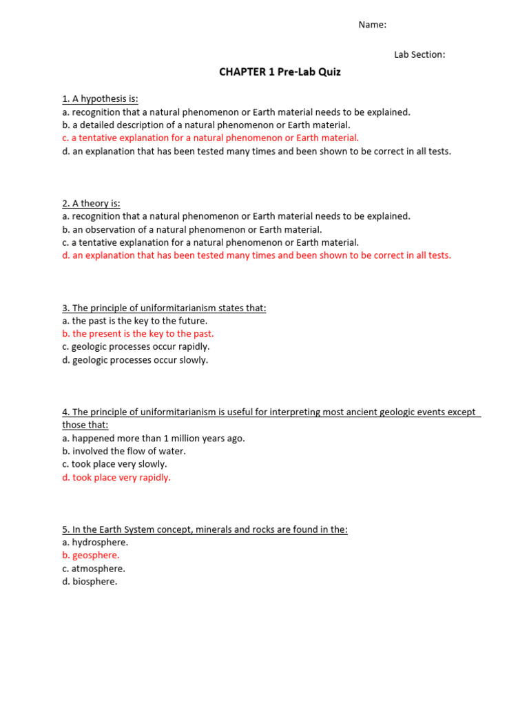 GLY2010C Pre-Lab Quiz - Lab 1 Answer Key | PDF | Earth | Atmosphere