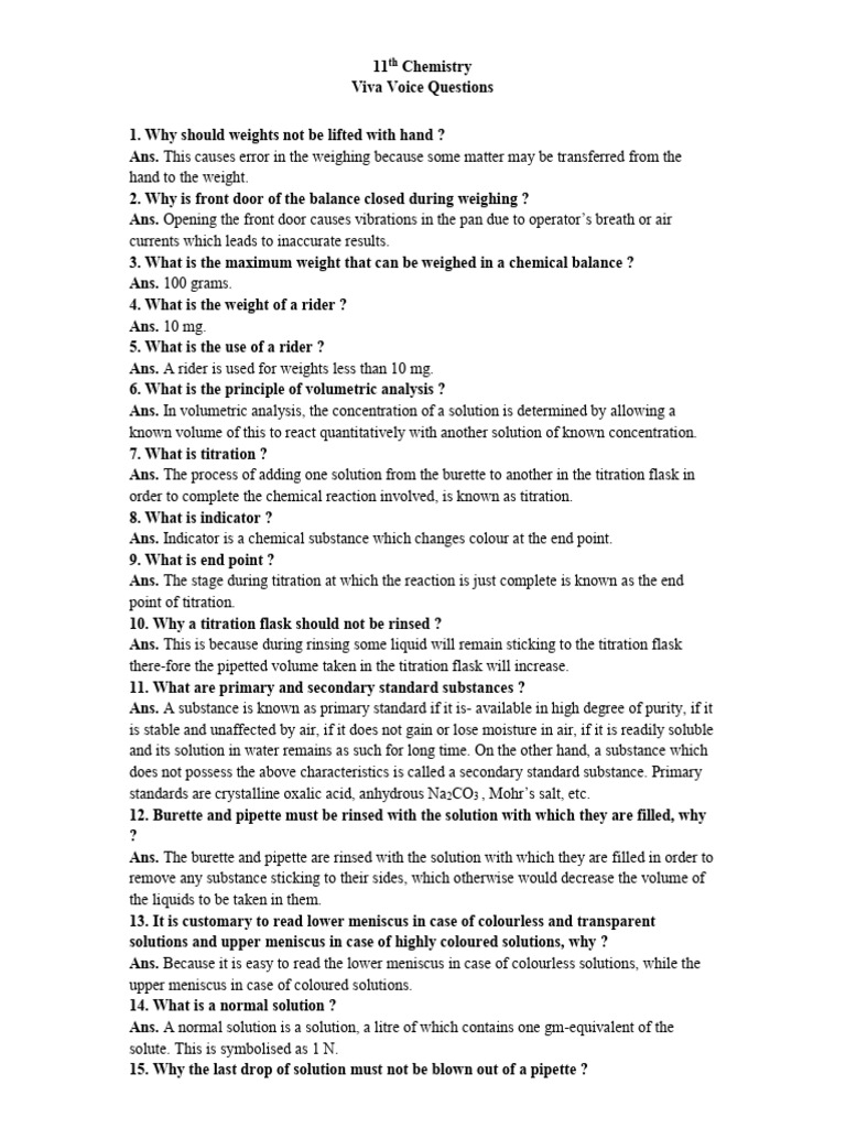 11th Chemistry Viva Voice Questions | PDF | Titration | Chemistry