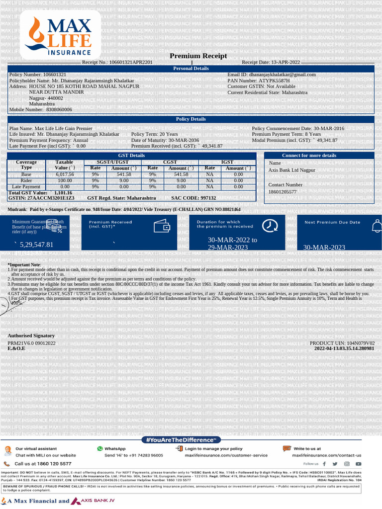 Max Life Insurance Premium Receipt | PDF | Insurance | Value Added Tax