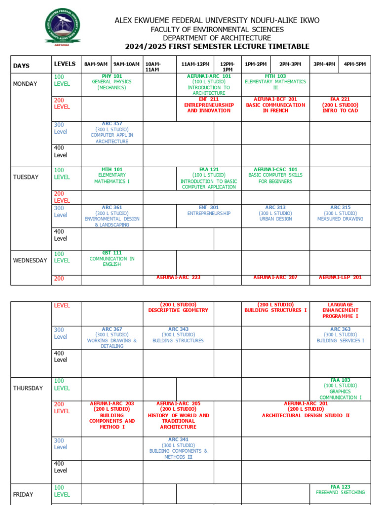 Dept of Architecture - 24-25 First Semester Lecture Timetable | PDF ...
