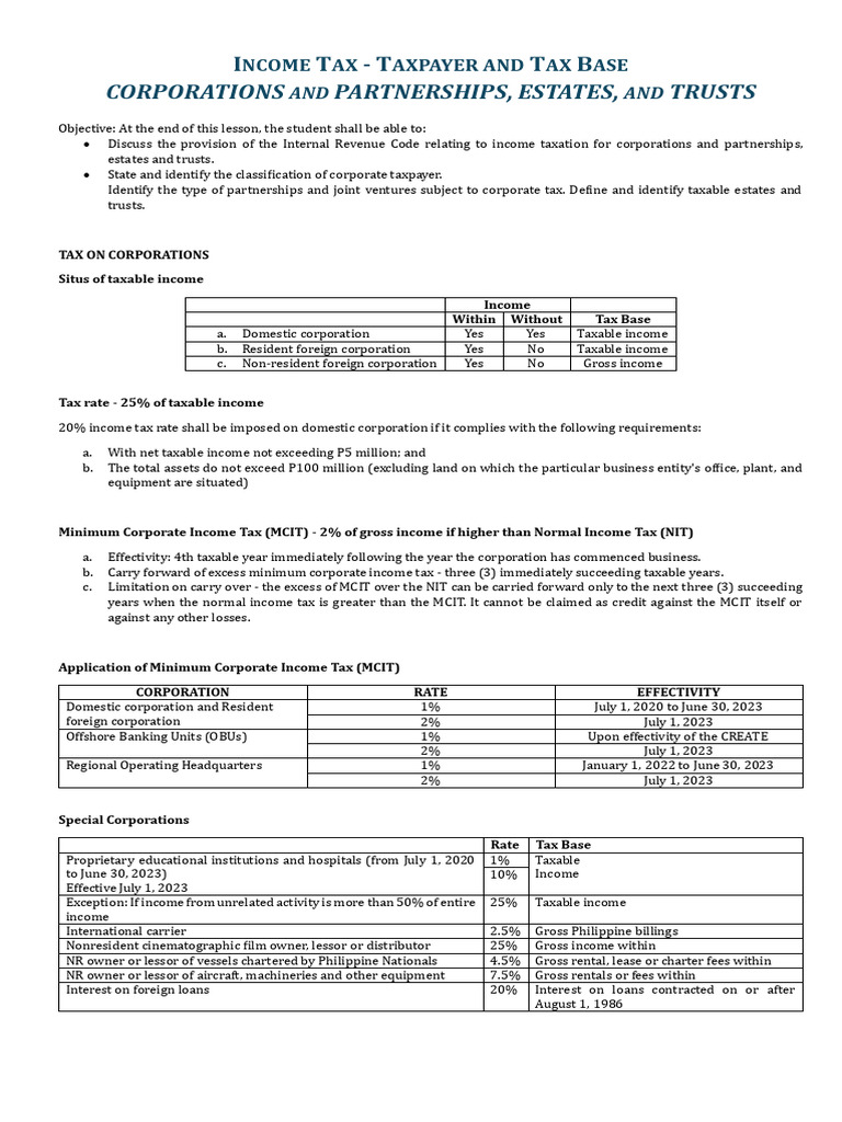 Income Tax - Taxpayer and Tax Base (Corporations and Partnerships ...
