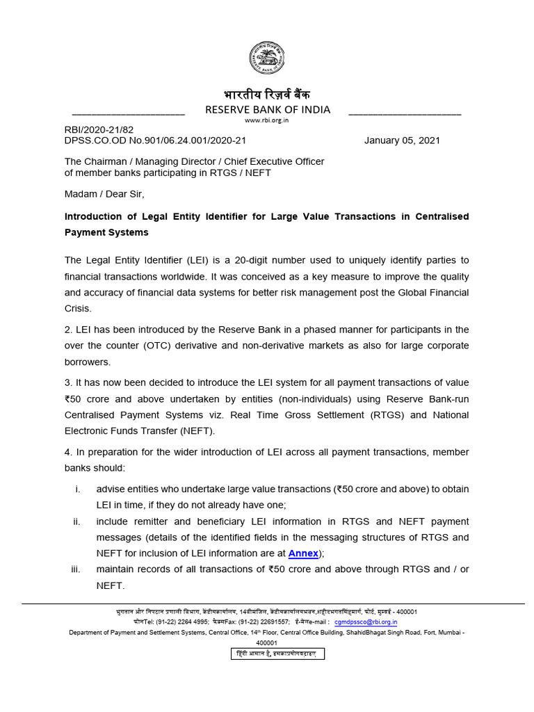 Introduction of Legal Entity Identifier For Large Value Transactions in ...