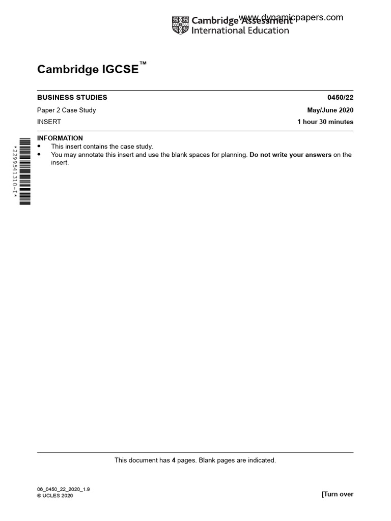 Cambridge IGCSE: 0450/22 Business Studies | PDF | Economics | Business