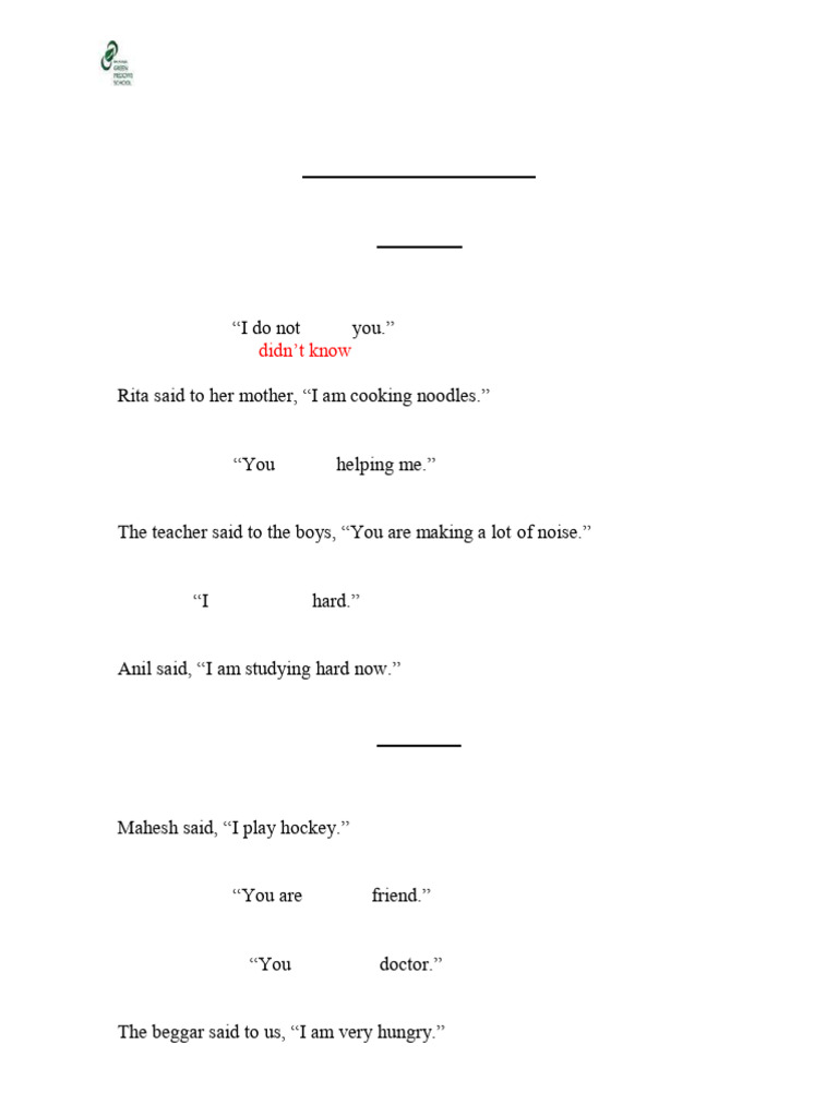 Reported Speech - Answer Key - Class VII | PDF