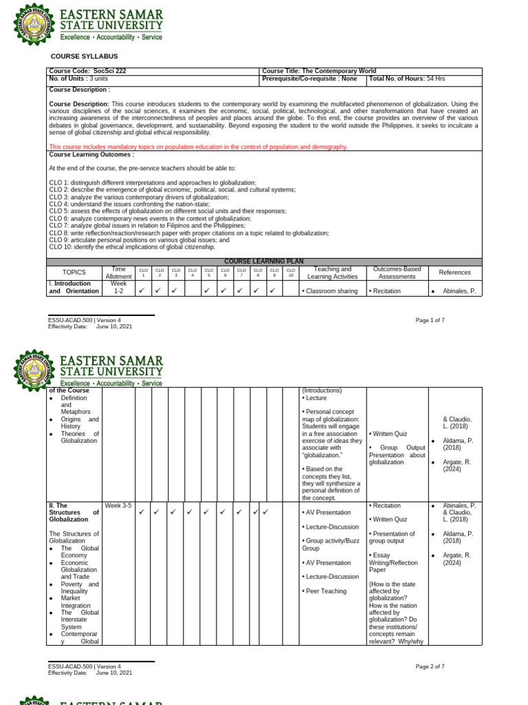 Syllabus Contemporary World | PDF | Globalization | Liberal Arts Education