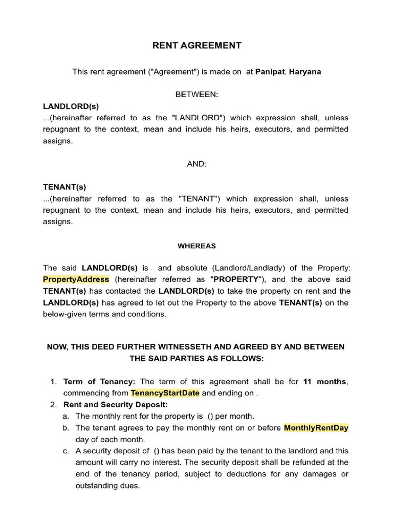 Rent Agreement Sample Format | PDF