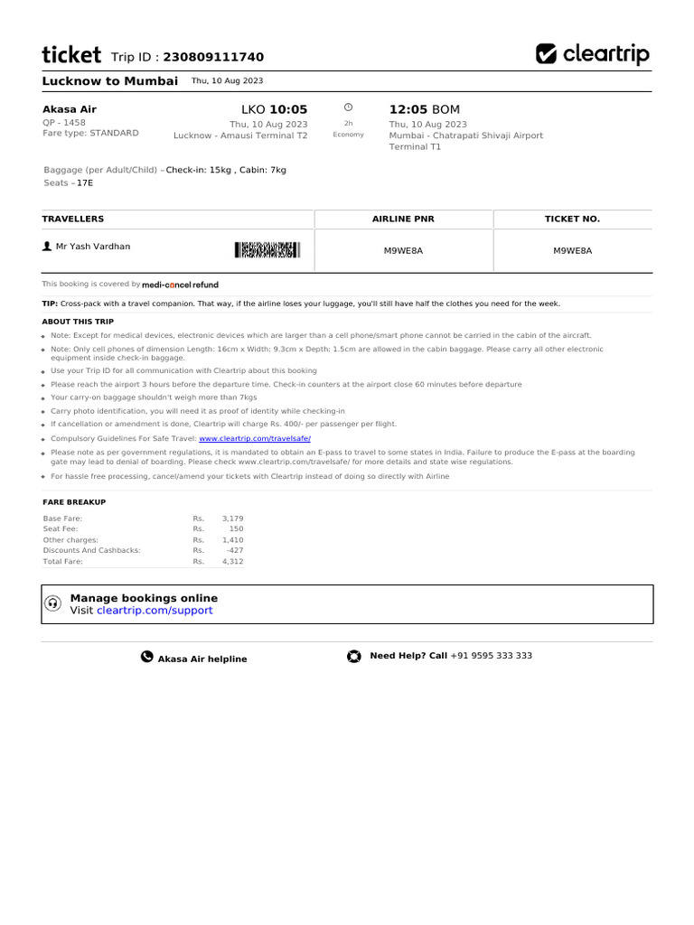 Cleartrip Flight E Ticket 2 | PDF | Baggage | Aviation