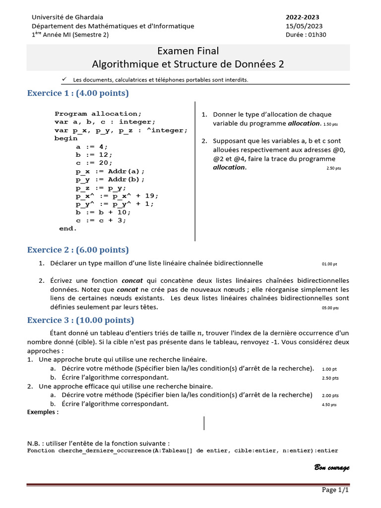 Examen2 Algorithmique Et Structure de Données 2 L1 2023 | PDF | Pointeur (programmation ...