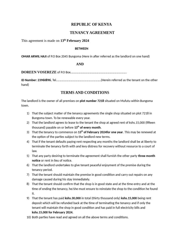 Shop Tenancy Agreement in Kenya | PDF | Leasehold Estate | Lease