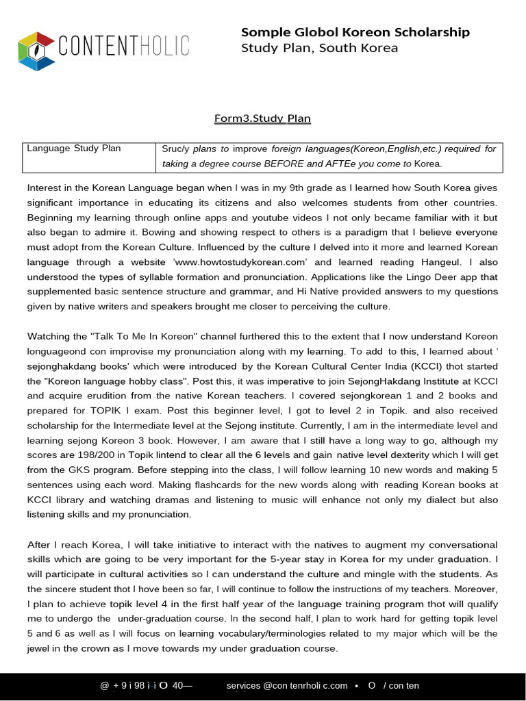 Sample Global Korean Scholarship Study Plan South Korea | PDF | Korean ...