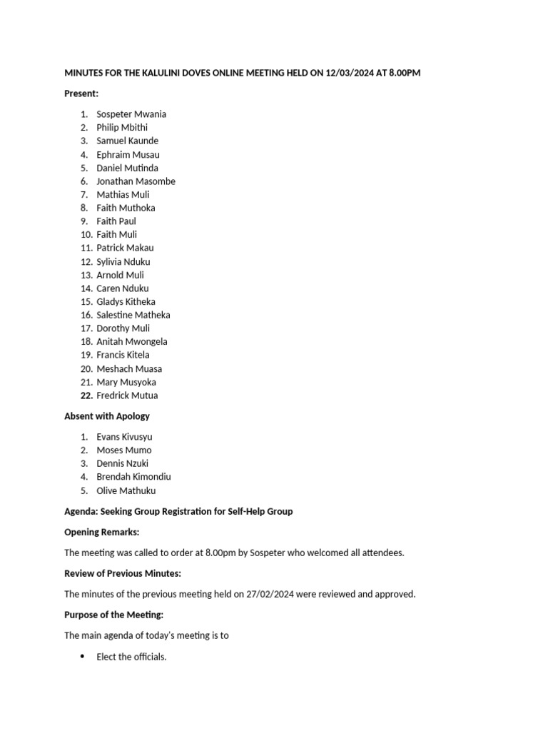 Meeting Minutes- Kalulini Self Help Group Minutes.2024 | PDF | Government