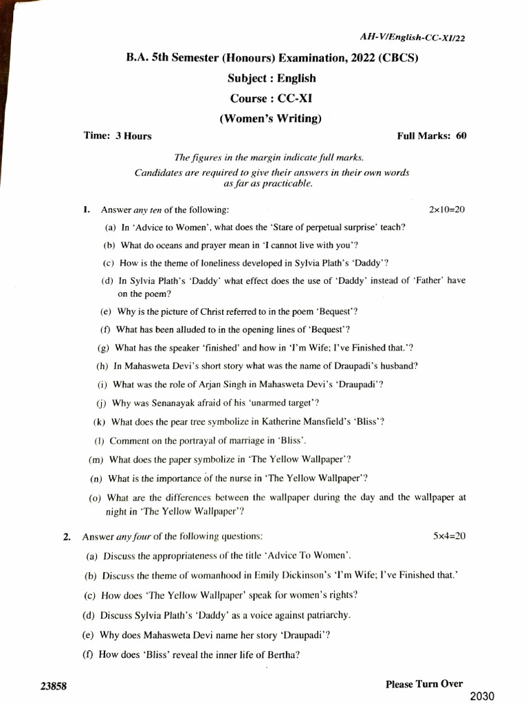 Eng Hon Sem-V 2022 English H Cc-11 S 5 | PDF | Woman