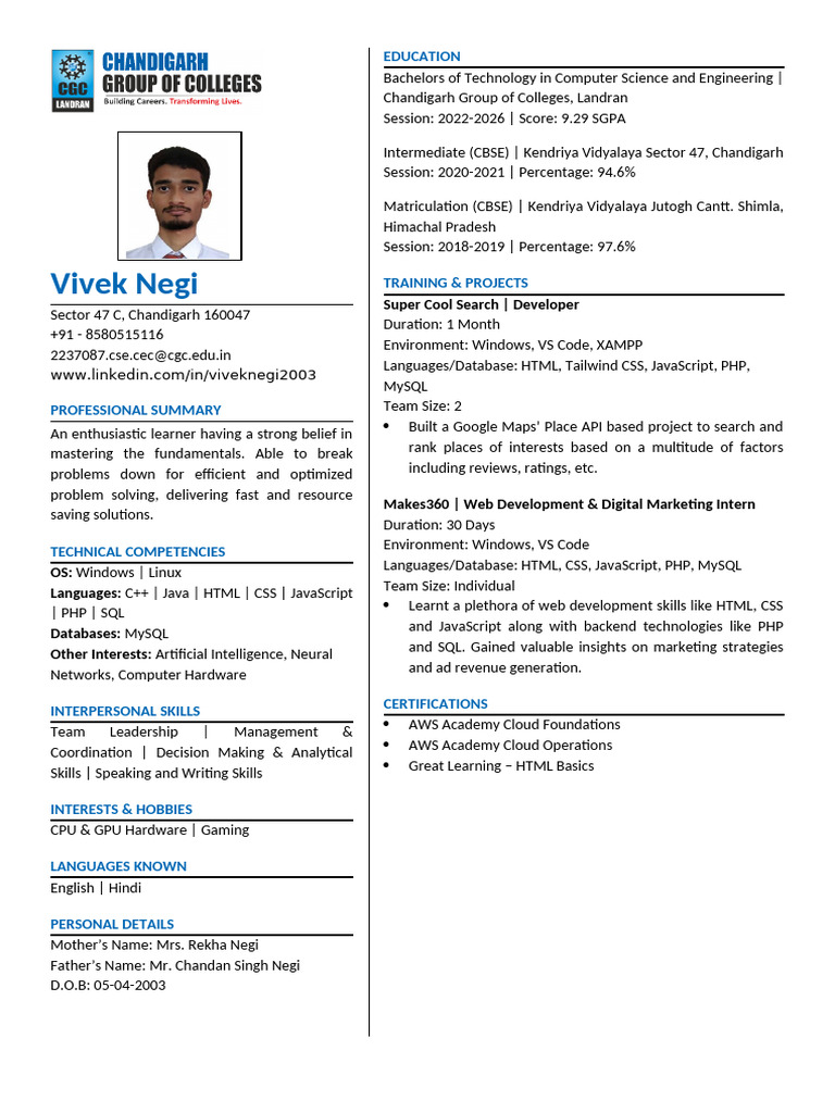 viveknegiresumecollege | PDF | My Sql | Php