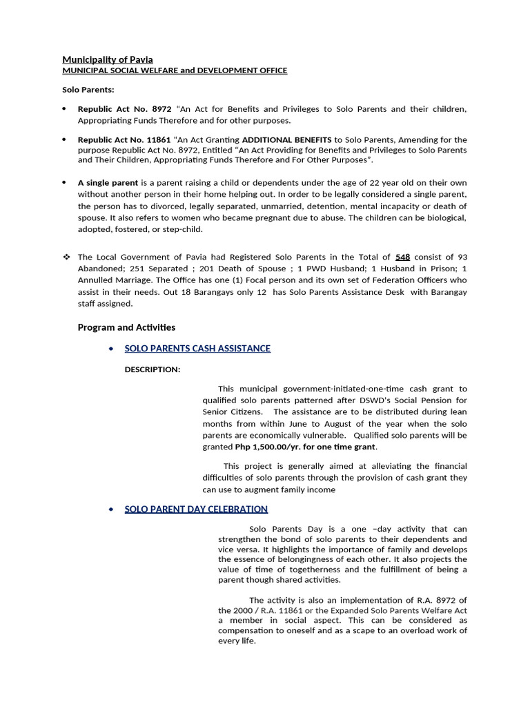 Pavia Solo Parents Support Programs | PDF | Marriage | Single Parent