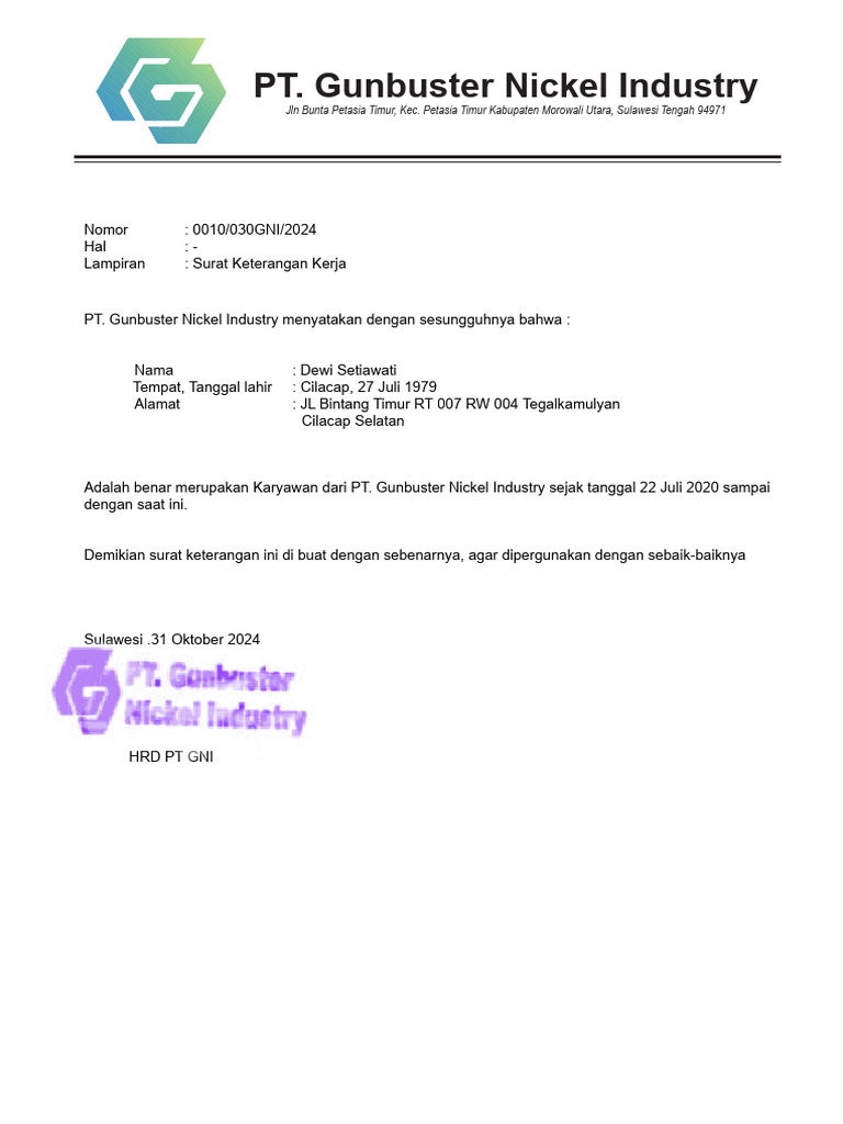 Surat Keterangan Kerja PT GNI - 1 | PDF