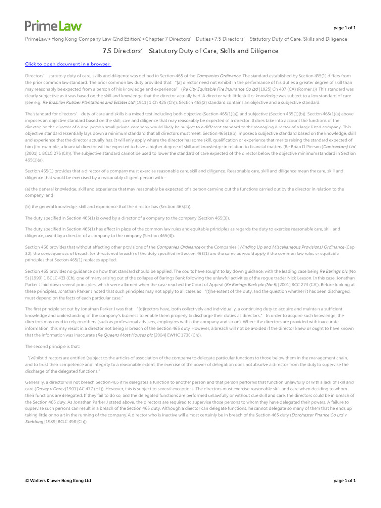 7.5 Directors - Statutory Duty of Care, Skills and Diligence | PDF ...
