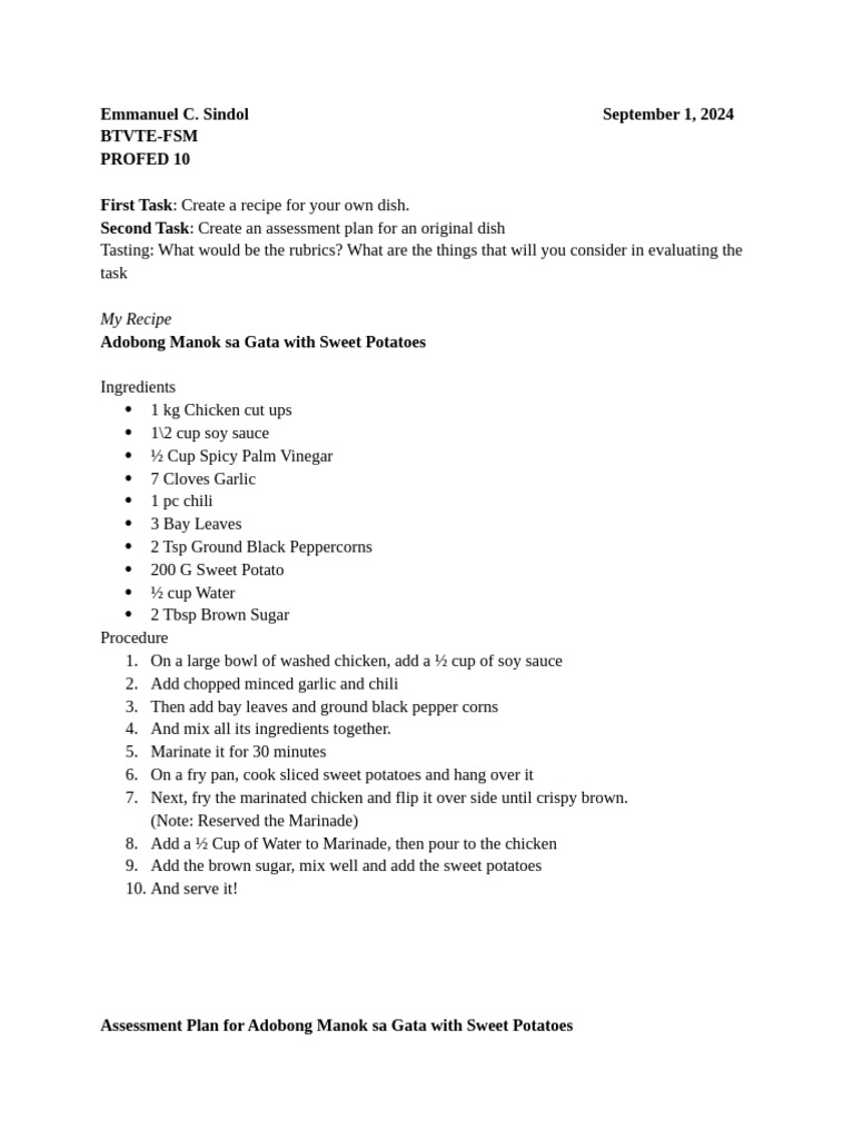 Assessment Plan | PDF | Taste | Cooking