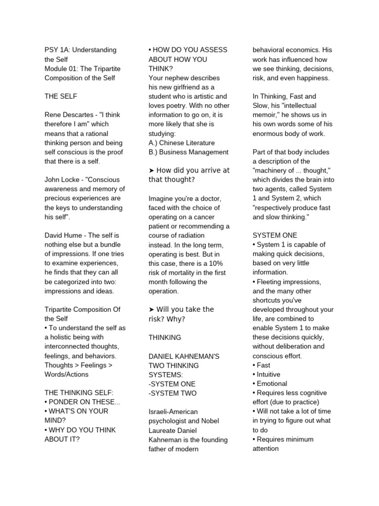 PSY 1A - Understanding The Self | PDF | Emotions | Thought