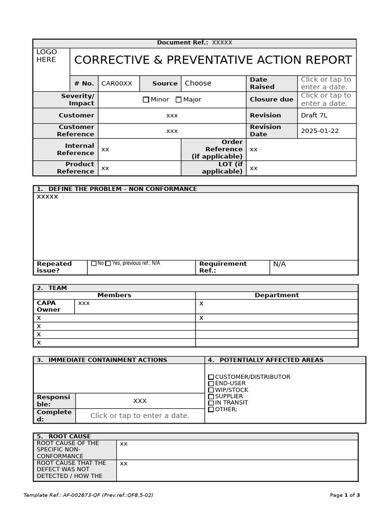 CAR Corrective Preventative Action Report | PDF