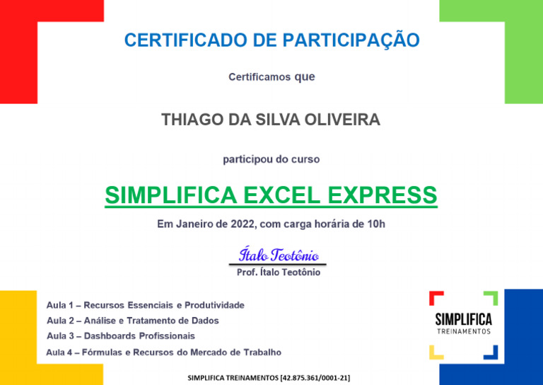 Certificado - Simplifica Excel Express T10 | PDF
