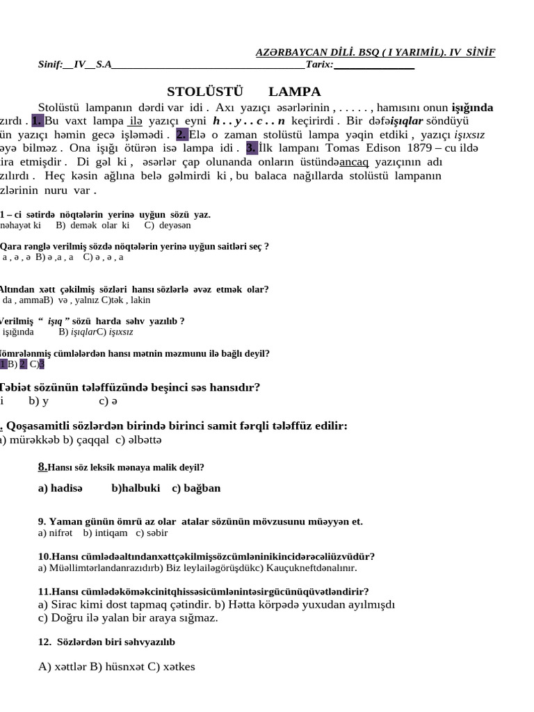 IV SİNİF BSQ 1 BÜTÜN FƏNLƏR YENİ 2022 2023 B Mütəllim | PDF