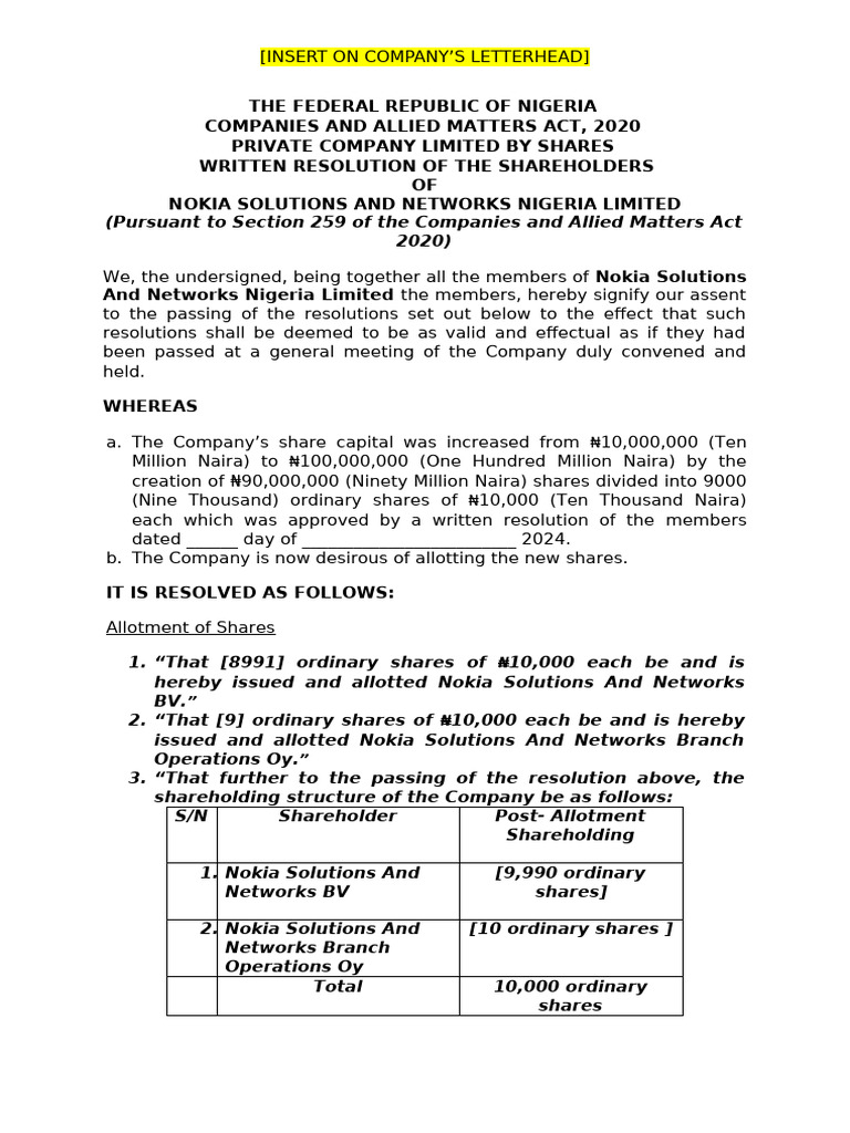 Resolution Allotting Shares - Nokia | PDF | Government