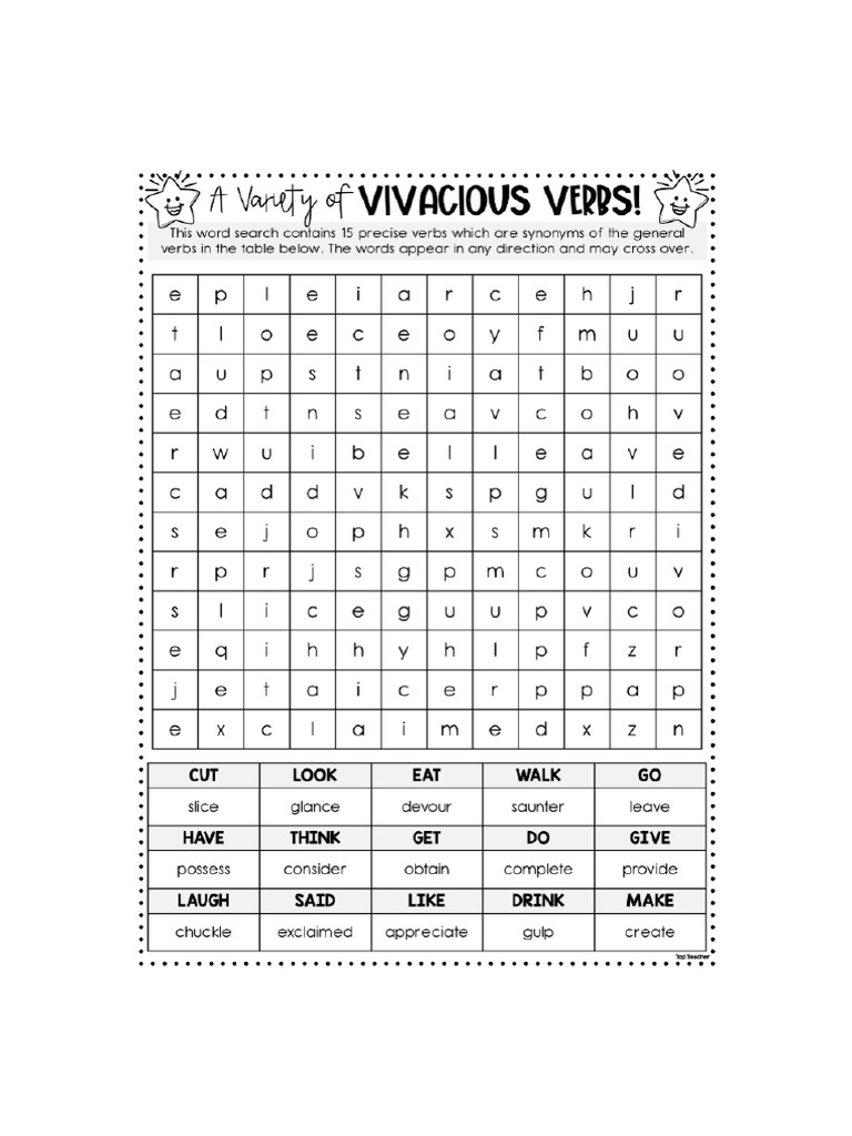 A-Variety-of-Vivacious-Verbs-Word-Search-top-teacher | PDF