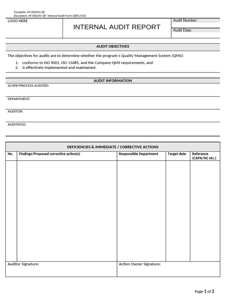 Internal Audit Form | PDF | Audit | Auditor's Report