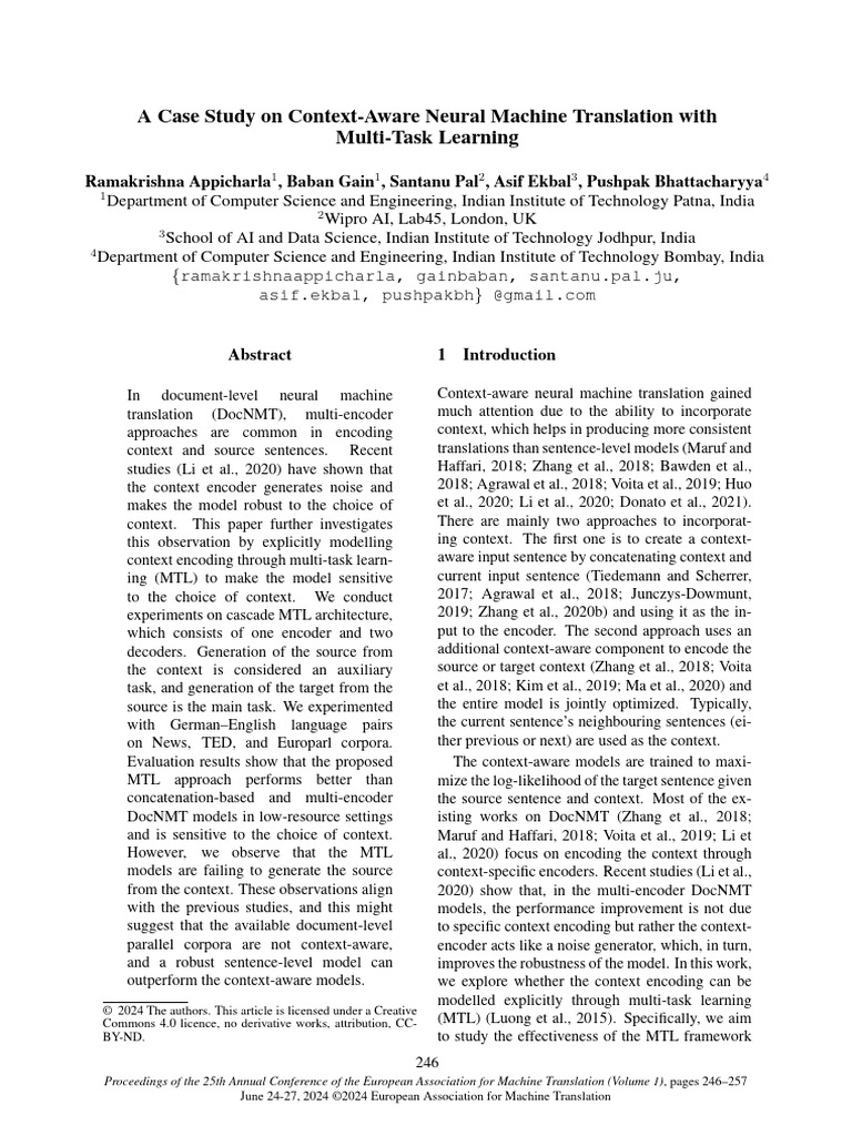 A Case Study on Context-Aware Neural Machine Translation with Multi-Task Learning | PDF ...
