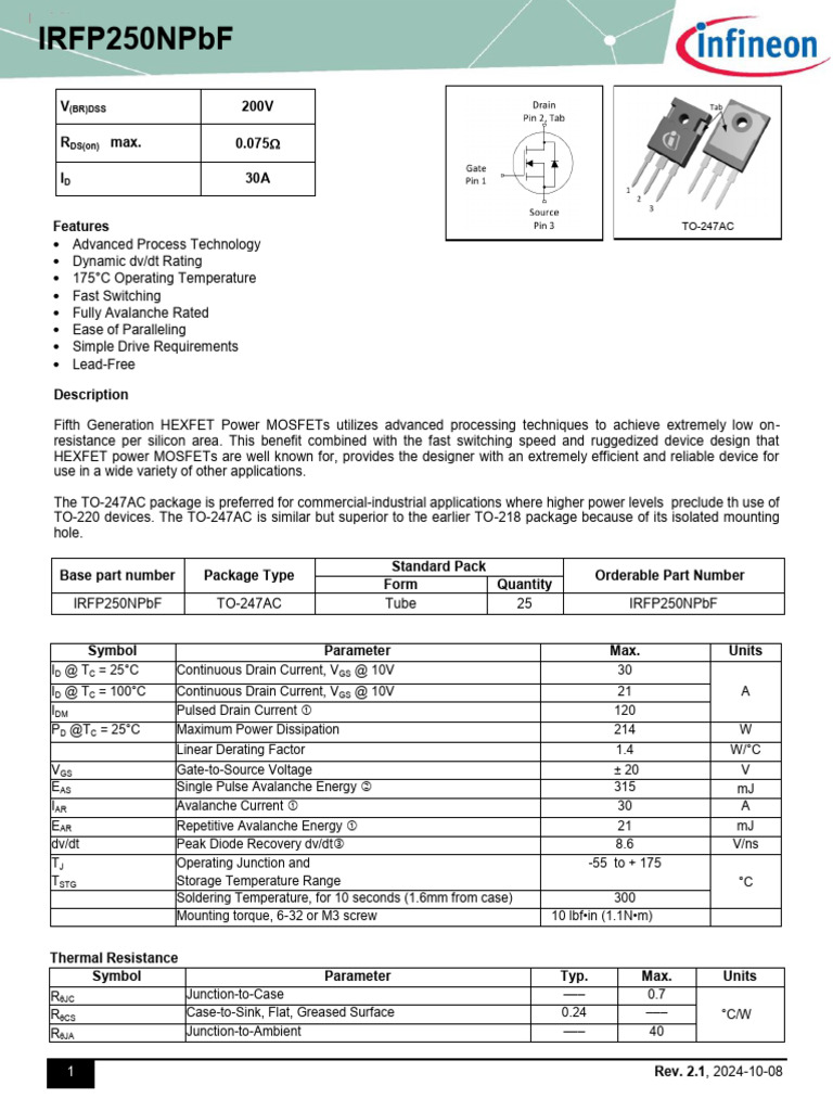 Infineon IRFP250N DataSheet v02 01 en | PDF | Diode | Field Effect Transistor