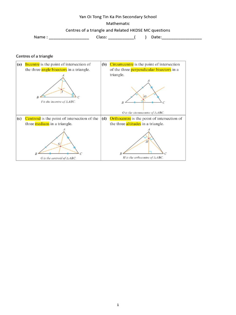 Centres in A Triangle and Related HKDSE MC Questions (Difficult) | PDF | Triangle | Classical ...