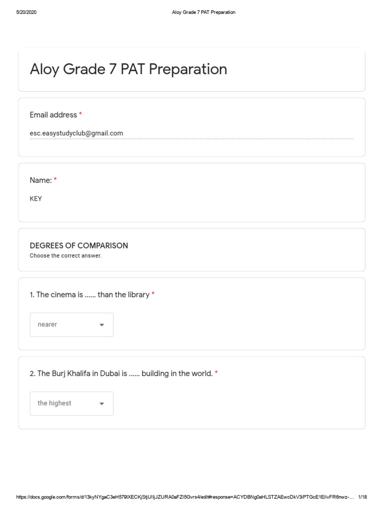 Aloy Grade 7 PAT Preparation - Key | PDF