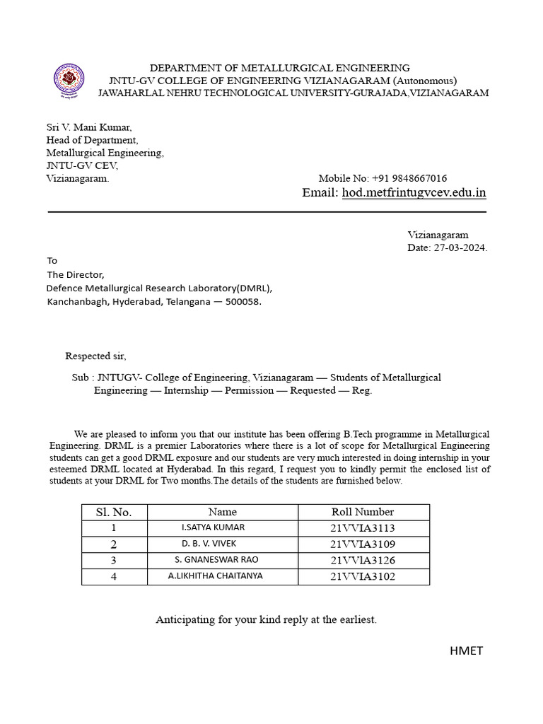 Intern Letter DMRL | PDF