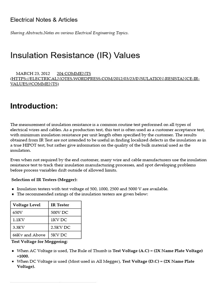 Insulation Resistance (IR) Values | PDF | Transformer | Insulator ...